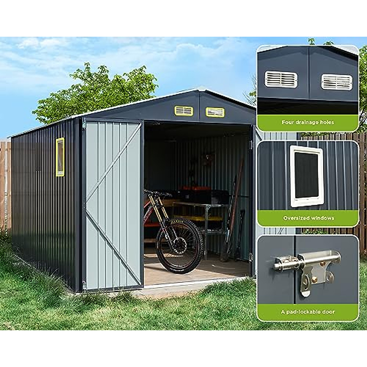 VanAcc 10x12x7.5 FT Outdoor Storage Shed, Galvanized Steel Metal Garden Sheds with 2 Light Transmitting Window and Double Lockable Door, Oversized Tool Sheds for Backyard Patio Dark Grey/White