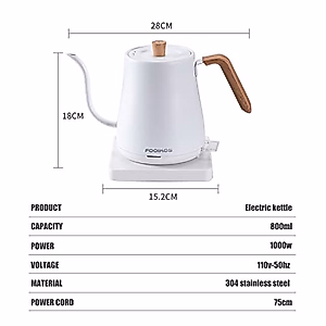 Fooikos Electric Gooseneck Kettle 0.8L for Pour Over Coffee and Tea, Food Grade 304 Stainless Steel, 1000W Quick Heating (White)