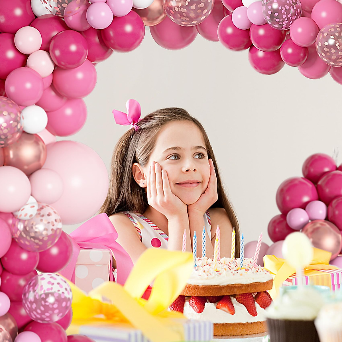 156Pcs Pink Balloon Garland Arch Kit, Hot Pink Metallic Rose Gold Chrome Confetti Balloons for Wedding Women Birthday Princess Theme Bridal Baby Shower Mother's Valentine's Day Party Decorations