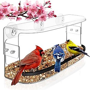 Ermete Window Bird Feeder With Strong Suction Cups, Large View Clear Feeder, Seed Tray, 13in x 5.5in x 4.2in for Outside