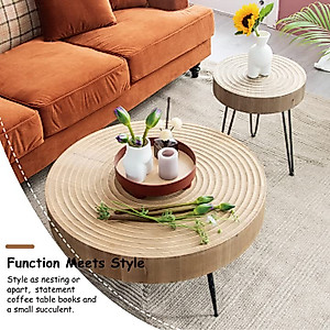 COZAYH 2-Piece Modern Farmhouse Living Room Coffee Table Set, Nesting Table Round Natural Finish with Handcrafted Wood Ring Motif