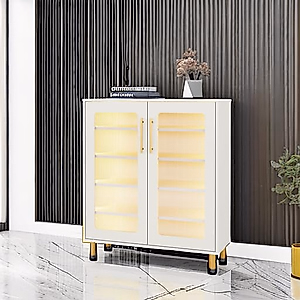 Tribesigns Shoe Cabinet with Acrylic Doors and LED Light, 24 Pairs Entryway Shoe Organizer Storage Rack with 5-Tier Adjustable Shelves for Narrow Closet, Hallway, Living Room (White & Gold)