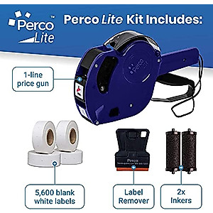 Perco Lite 1 Line Price Gun with Labels Kit - Includes 5,000 Blank White Labels, 2 Ink Rollers, 1 Ink roll and Labels Pre-Loaded