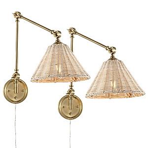WINGBO Wall Sconce Rattan Wrapped Wall Lamp, Adjustable Swing Arm Wall Light Gold Vintage Bedside Light Fixture Wicker Handmade Shade Brass Reading Light Plug in or Hardwire (2 Pack)