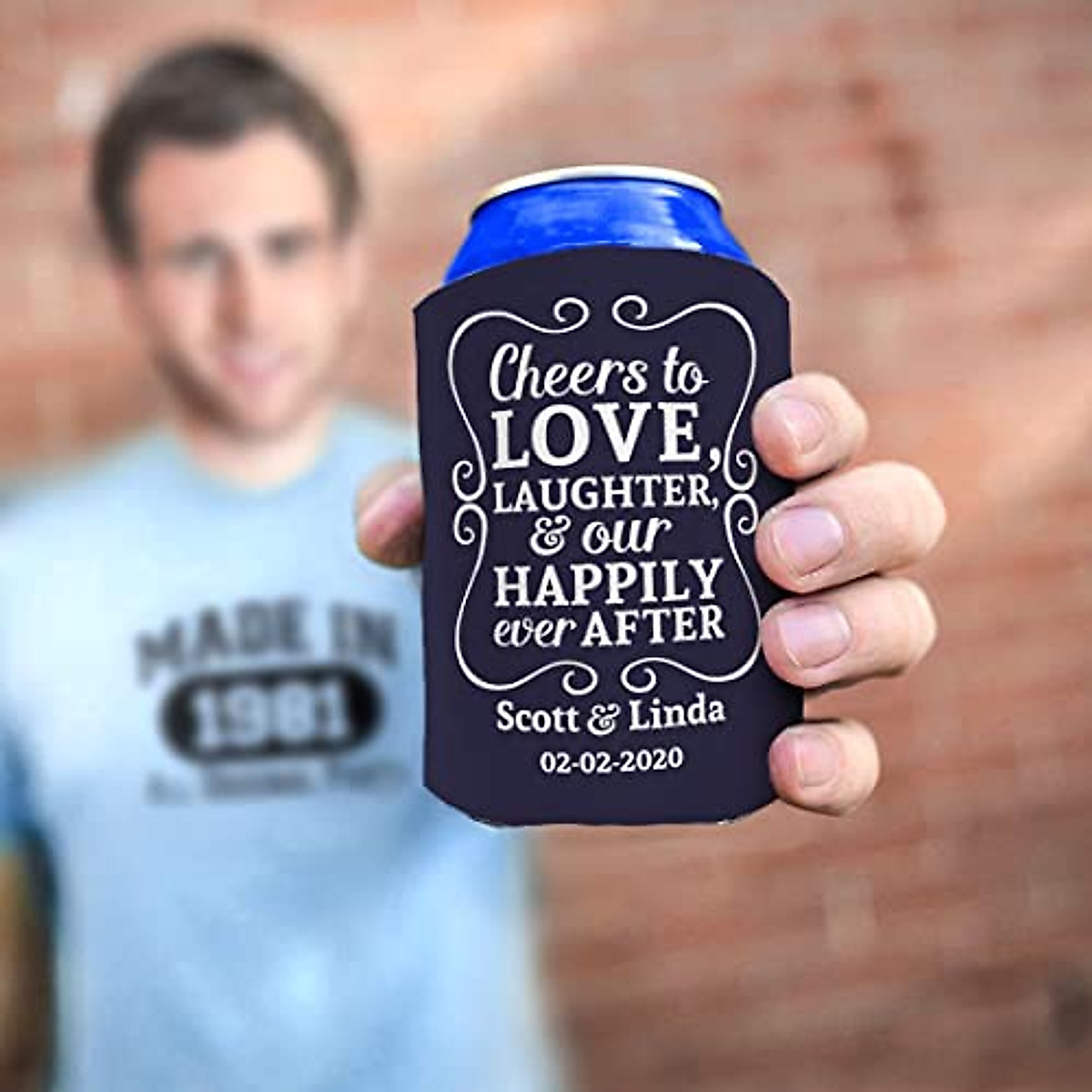Cheers To Love Custom Names & Date 24-Pack Personalized Can Coolie Drink Coolers Coolies Navy