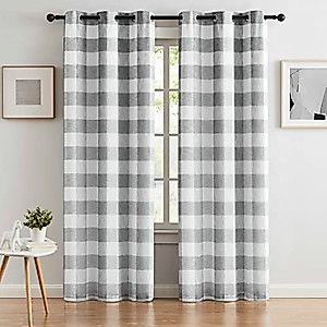 Short Gray White Buffalo Plaid Blackout Curtains with Liner Checkered Geometric Farmhouse Panels Linen Textured Grommet Thermal Insulated Window Treatment for Bedroom,Living Room,Kitchen,40"x63"x2