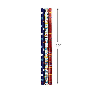 Hallmark Birthday Wrapping Paper Bundle with Cut Lines on Reverse (3-Pack: 55 sq. ft. ttl.) Bright and Holographic Prints and Patterns in Red, Blue, Yellow, White and More