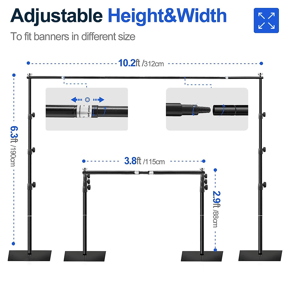 EMART Backdrop Stand, 6.3x10.2 ft Adjustable Photo Background Pipe and Drape Photography Kit with Heavy Duty Metal Base for Parties, Wedding, Video Studio, Birthday - Black