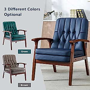 Setawix PU Leather Accent Arm Chairs Set of 2, Solid Wood Mid Century Living Room Chair with Arms,Faux Leather Upholstered Single Sofa Chair,Farmhouse Channel Tufted Reading Bedroom Chair (Navy, 2PC)