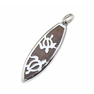 Arthur's Jewelry Koa Wood Hawaiian Honu Sea Turtle Surfboard Rhodium Plated Brass Pendant