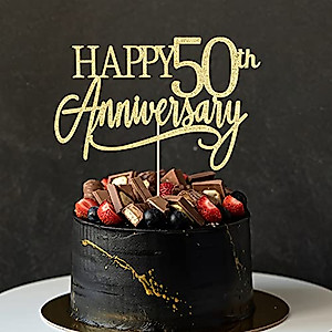 Happy 50th Anniversary Cake Topper,Gold Glitter 50th Birthday， 50Anniversary Party Decoration Supplies，Wedding Anniversary Party Decoration
