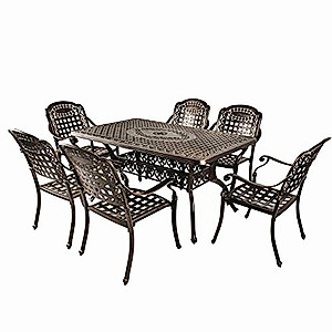 TITIMO 7-Piece Outdoor Furniture Dining Set, All-Weather Cast Aluminum Conversation Set Includes 6 Chairs and 1 Rectangular Table with Umbrella Hole for Patio Garden Deck (Without Cushions)