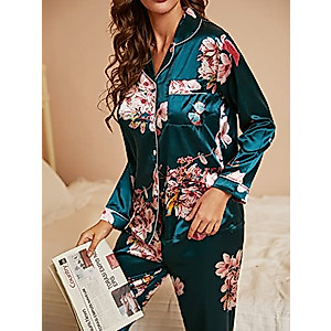 WDIRARA Women's Sleepwear Floral Print 2 Piece Satin Pajama Set Button Down Loungewear Dark Green S