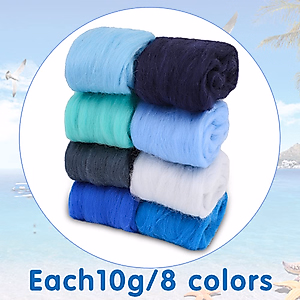 WONVOC Needle Felting Wool 80 g, 8 Colors Nature Wool Roving, Felting Wool Bulk, Wool Roving for Needle Felting, for DIY Craft Materials and Felting Wool Craftsmen, 10g/Color, Blue