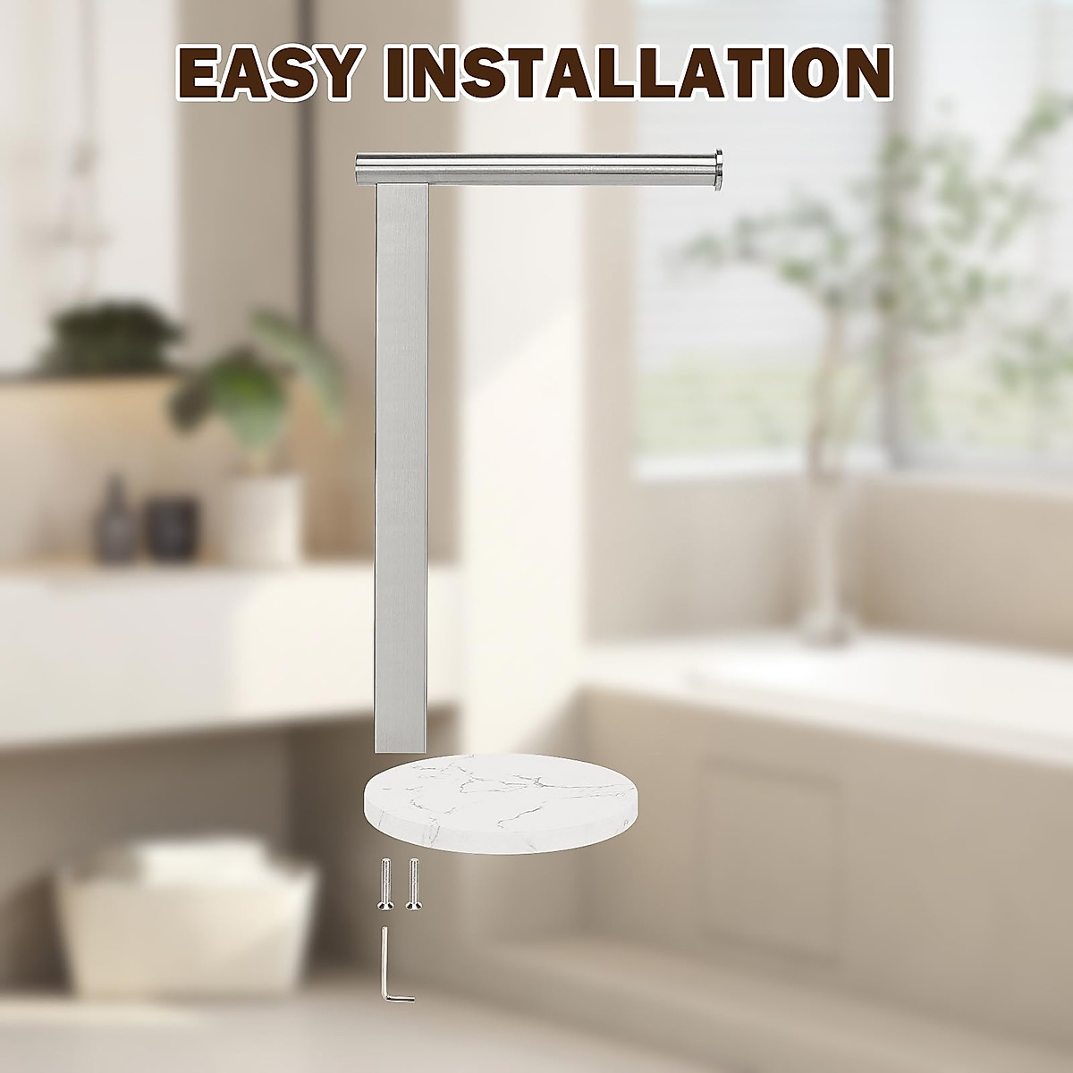 Siyzda Hand Towel Holder Stand for Bathroom, L- Shaped Standing Hand Towel Rack, Towel Bar Kitchen Vanity Countertop Organizer, SUS304 Stainless Steel Material (Marble Base, Brushed Nickel)