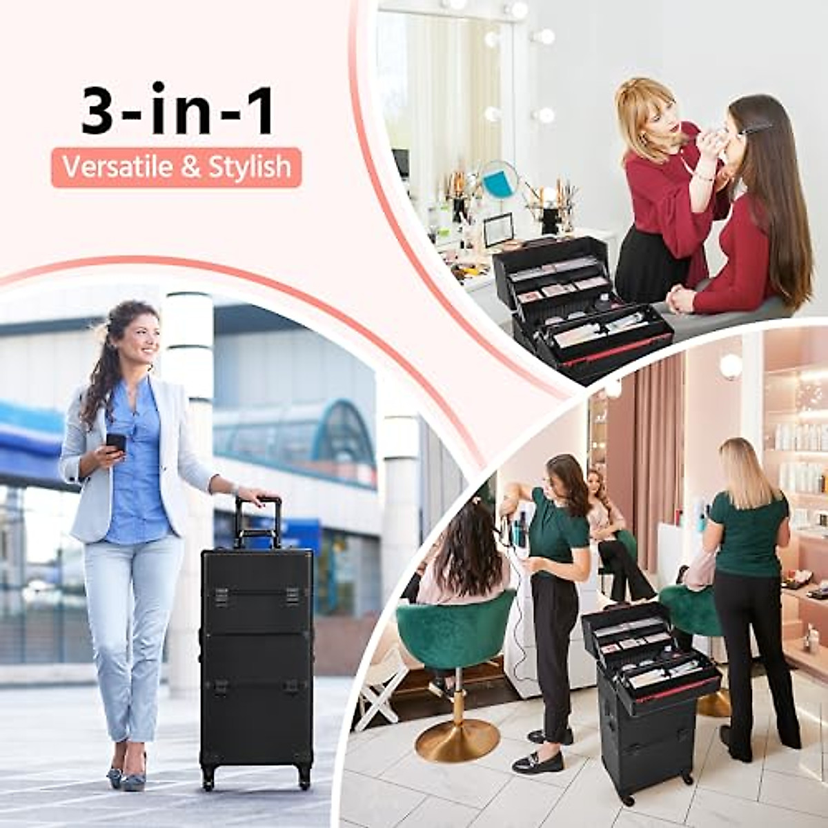 Yaheetech Makeup Train Case 3 in 1 Professional Cosmetic Trolley Multi-Functional Organizers Large Storage Traveling Cart Trunk for Nail Tech - Black