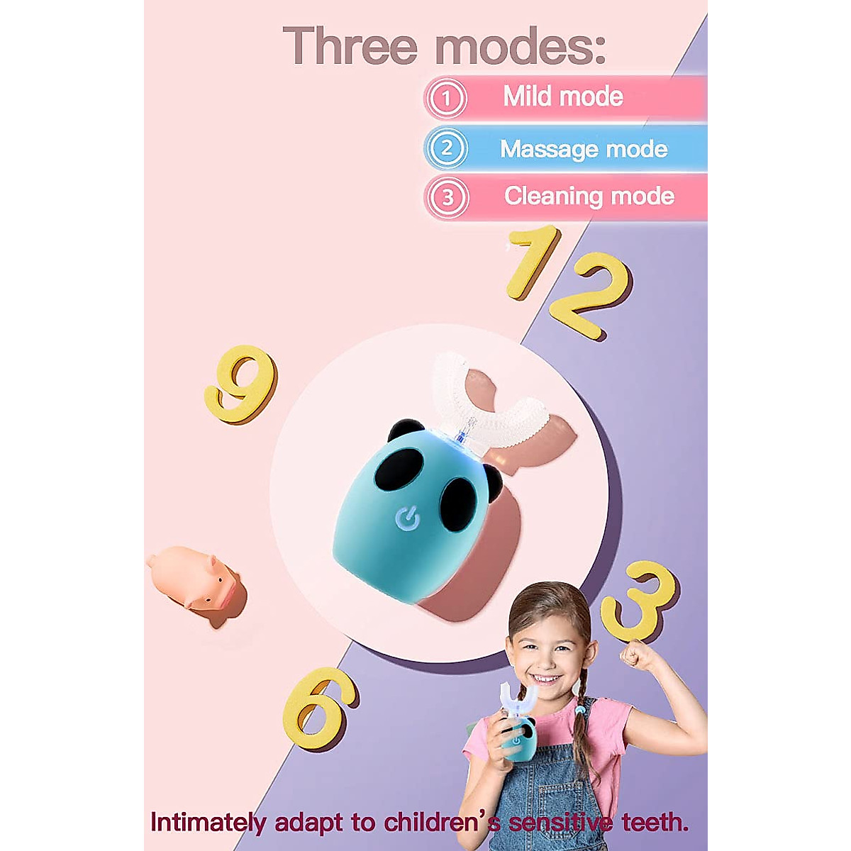 Newbee Children Electric Toothbrush for Kids Smart 360 Degrees U Silicon USB Automatic Ultrasonic Teeth Tooth Brush Cartoon Pattern 2-7 Years