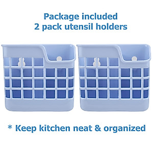 EIKS Plastic Utensil Holder Silverware Organizer Cutlery Drying Rack with Wall Mount Self Adhesive, Having 2 Divided Compartments - Total 2 Pack