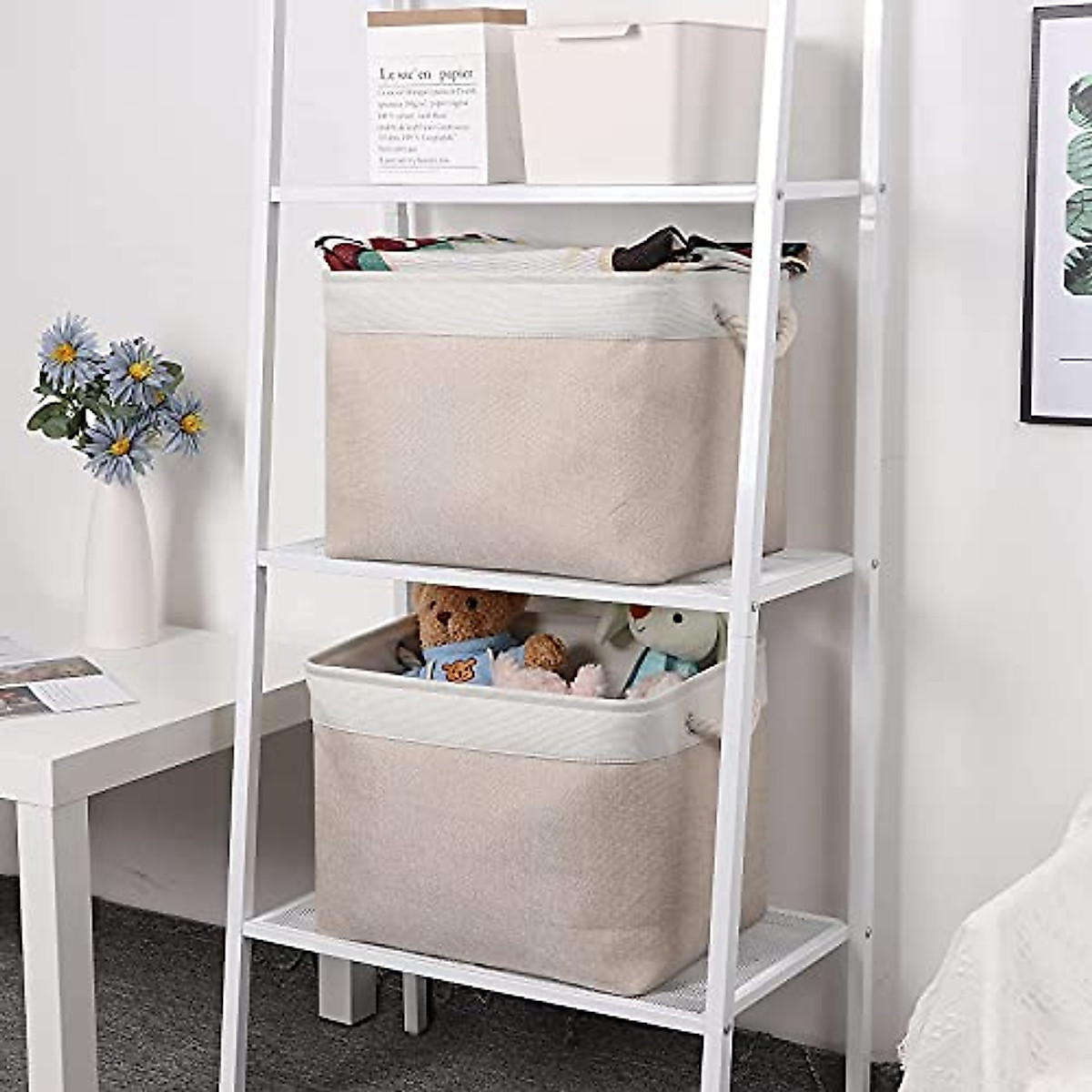Bidtakay Baskets Set Fabric Storage Bins-Beige Bundled Baskets of 2 Large Baskets 16" X 11.8" X 11.8" + 6 Small Baskets 11.8" X 7.8" X 5"