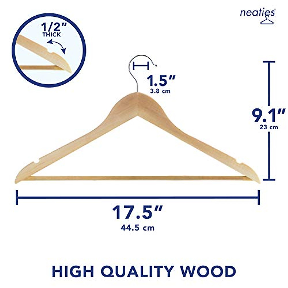 Neaties Natural Wood Hangers | Natural Finish | with 360° Degree Swivel Hook & Smooth Cut Notches | 24 Pack