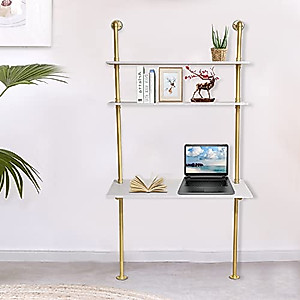 LOYALHEARTDY Wall Mount Ladder Desk Industrial Computer Desk with Shelves White and Gold Desk Writing Study Table Home Office Computer Table 3-Tier Wall Ladder Desk