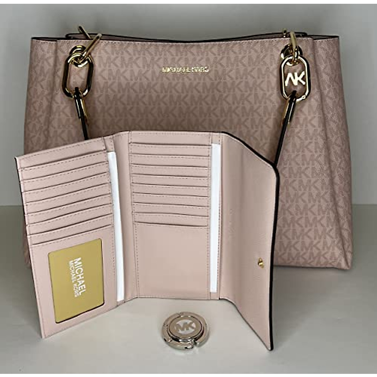 MICHAEL Michael Kors Trisha Large Triple Gusset Shoulder Tote bundled with Large Trifold Wallet and Michael Kors Purse Hook (Signature MK DK Powder Blush)