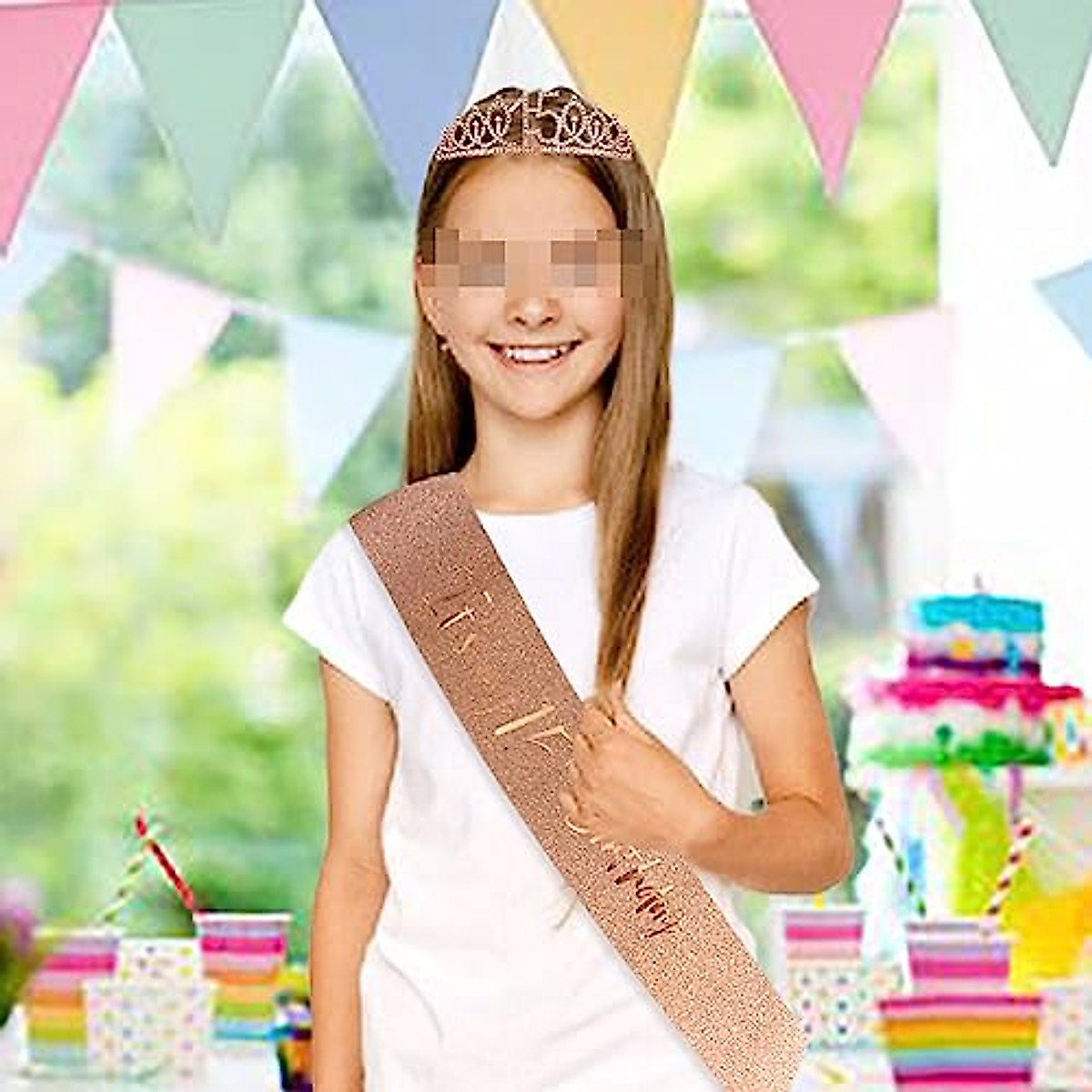 Ceqiny 15th Birthday Sash Tiara and Crowns for Girls, Birthday Queen Rose Gold Tiara, Princess Tiara Rhinestone Headbands with Combs Bridal Wedding Tiaras for Wedding Prom Bridal Party Christmas