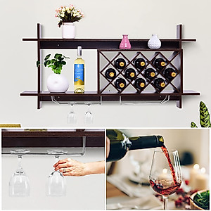 Giantex Wall Mounted Wine Rack Organizer W/Metal Glass Holder & Multifunctional Storage Shelf Modern Diamond-Shaped Wood Wine Server for 10 Bottles Wine Storage Display Rack (Black Walnut)