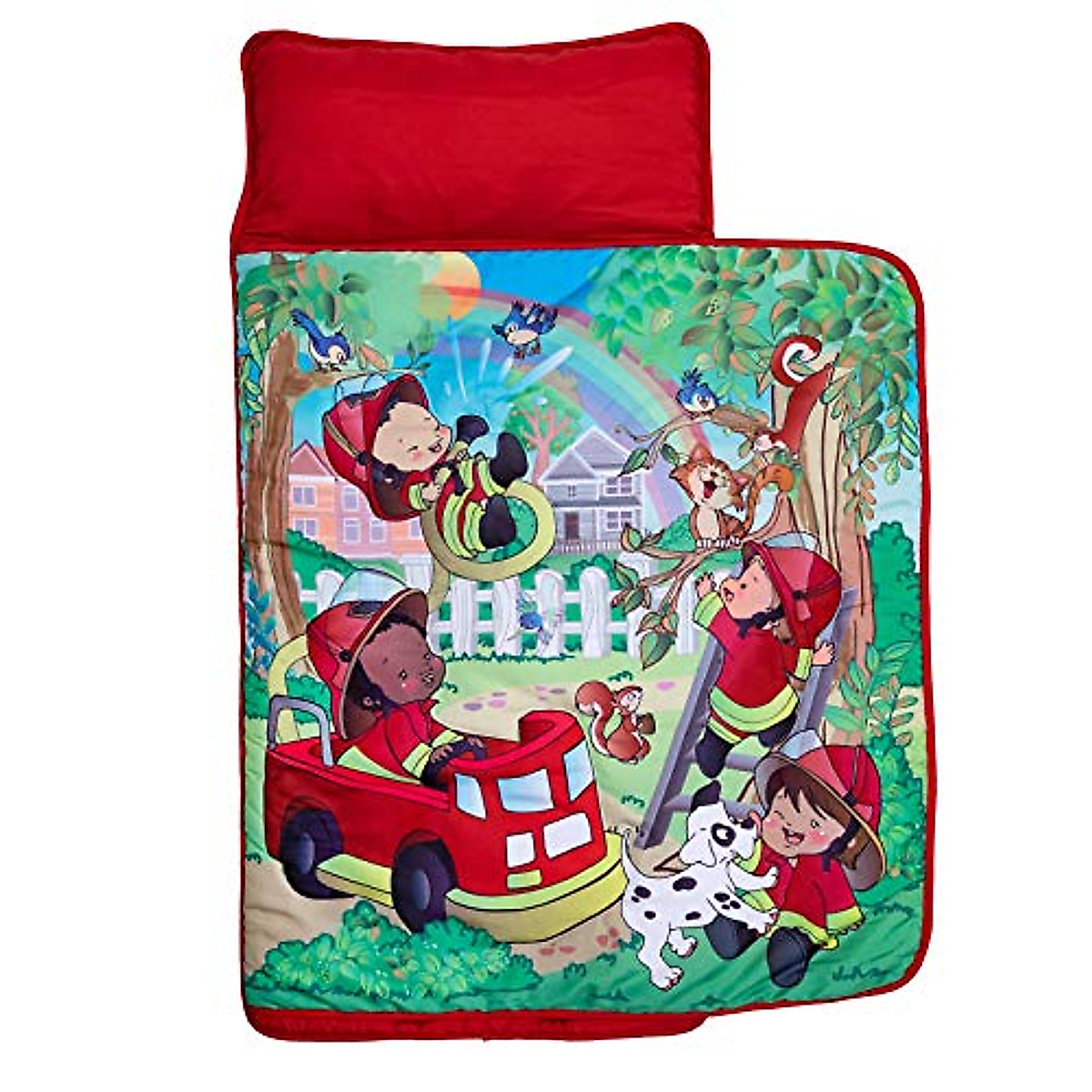 Baby Titi - Toddler Nap Mat with Removable Pillow, Carrying Handle and Strap Closure, Rollup Design, Soft Microfiber for Preschool, Daycare, Travel Sleeping Bag - Ages 2-4 Years (Firefighters)