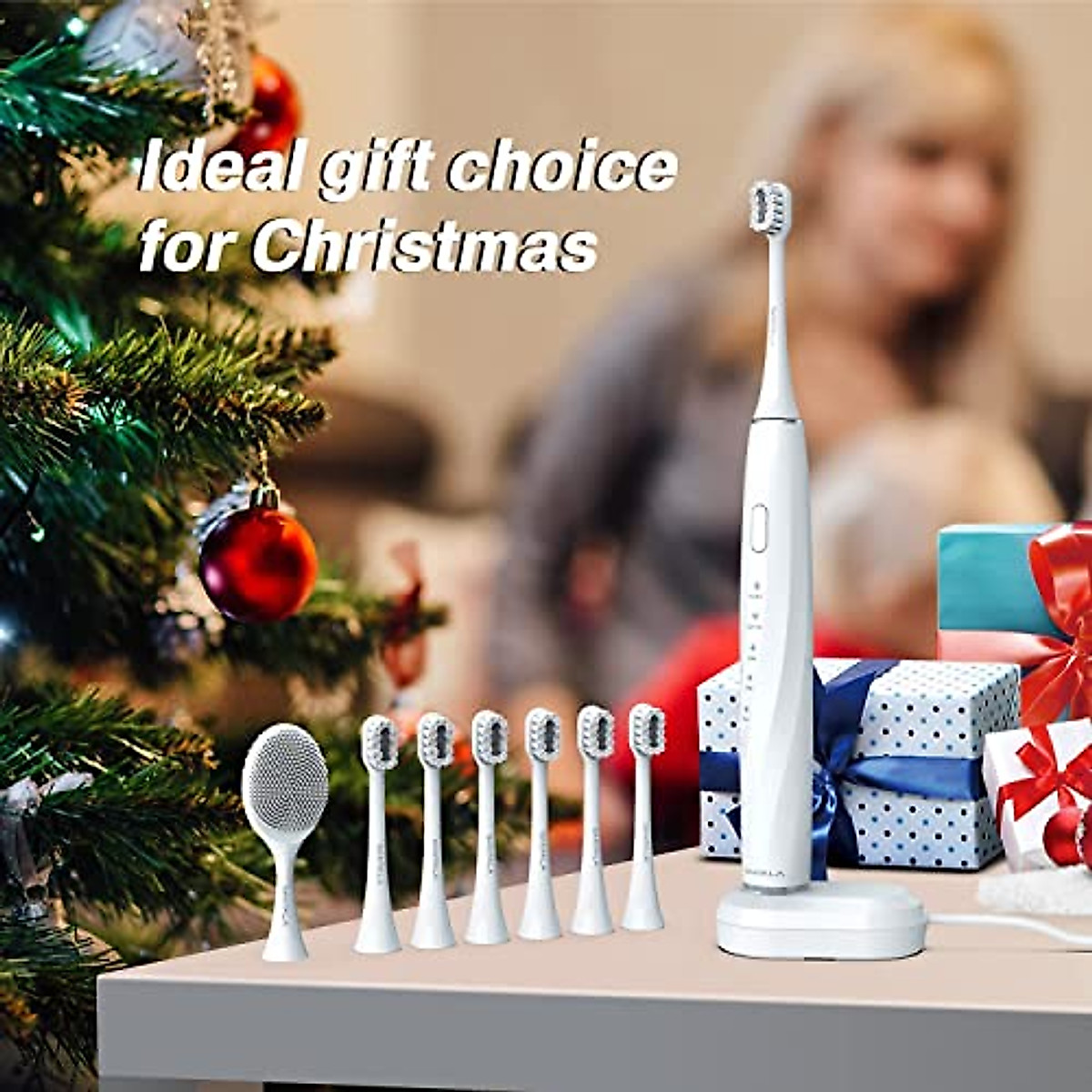 SANTALA UltraSonic Electric Toothbrush with 6 Brush Heads and 1 Cleansing Brush, Waterproof Safe Power Toothbrush,5 Modes,One Charge for 100 Days,48000 VPM Motor (White)