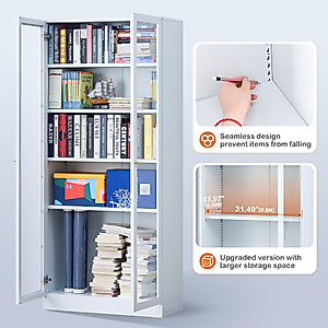 Alvisyd Metal Curio Cabinets with Acrylic Doors, 2 Door Cabinet 31.5 Wide Large Storage Bookcase with Adjustable Shelves, Glass Front Display Cabinet White Organizer 5 Tier for Home Office Craft