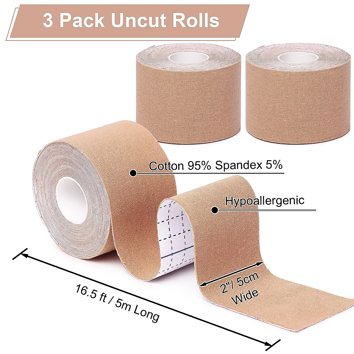 Kinesiology Tape, K Sports Tape Beige Kinesthetic Tape for Knee Shoulder Ankle Elbow, 2 Inch x 16.5 feet (Beige, 3 rolls)