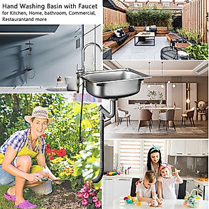 Stainless Steel Sink Wall Mount Commercial Hand Washing Station Prep Utility Kitchen & Bar Sinks Basin W/Gooseneck Faucet and Strainer for Home Garage Restaurant Laundry RV Bathroom Store