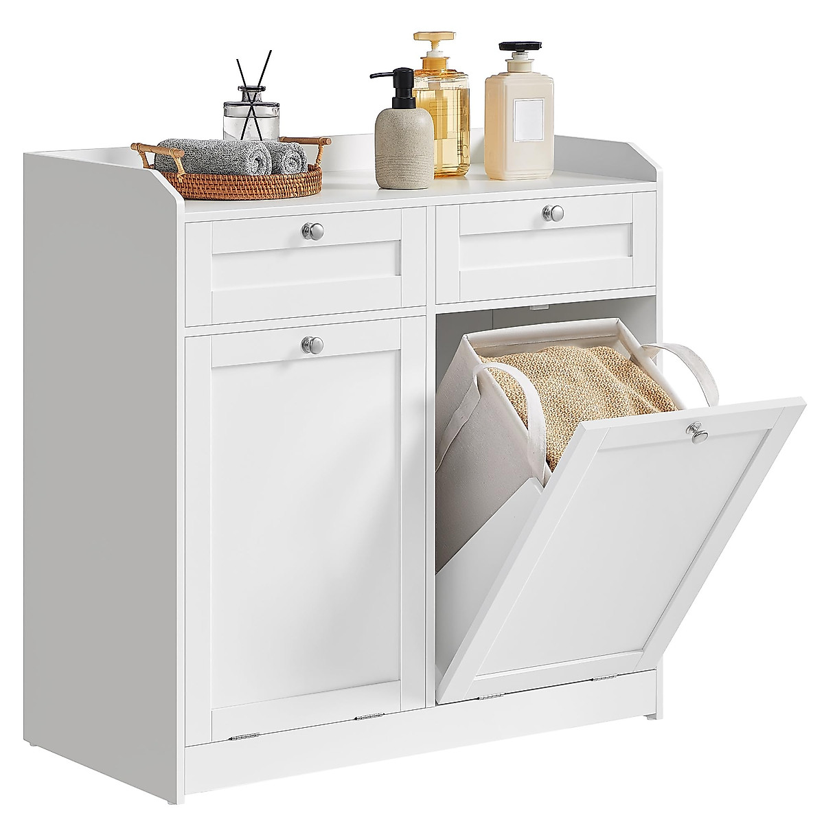VASAGLE Bathroom Laundry Cabinet with Basket, with 2 Drawers and 2 Hidden Laundry Hampers, Freestanding, Tilt-Out Laundry Baskets with Handles, 15.8 x 31.1 x 31.5 Inches, Cloud White UBBC751W01
