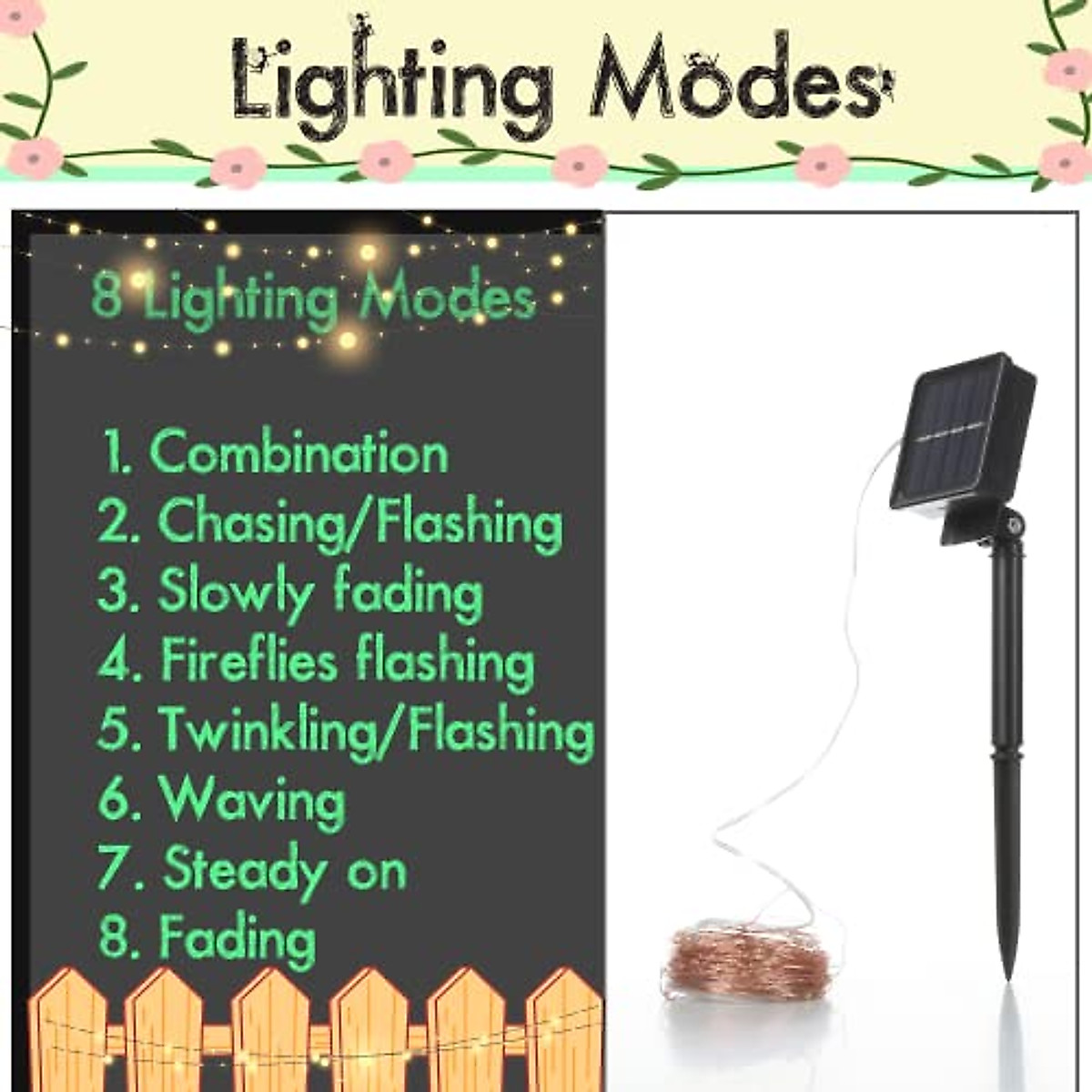 Robkea, 36 Inch Mini Fence Fairy Garden Fence & Waterproof LED 40FT 100 LED Solar String Lights with 8 Lighting Modes | Fairy Garden Accessories Outdoor(Brown)