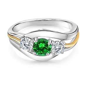 925 Sterling Silver and 10K Yellow Gold Round Green Created Emerald and White Moissanite from Charles & Colvard 3 Stone Ring For Women (1.30 Cttw, Available In Size 5, 6, 7, 8, 9)