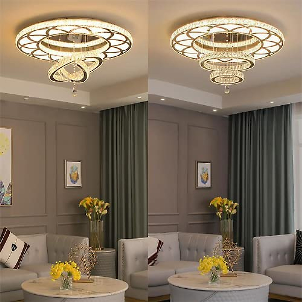 W24'' Modern Crystal Chandeliers Living Room Crystal Ceiling Chandeliers Crystal 3 Ring Pendant light Chandeliers Dining Round Fixture Bedroom Empire Remote Dimmable LED (3000K-6000K) Fixtures
