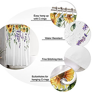 MUSEDAY 4Pcs Shower Curtain Sets with Non-Slip Bath Rugs, Absorbent Toilet Lid Cover Flowers Durable Waterproof Bath Curtain Decor Set Sunflower Lavender Flower Eucalyptus Leaves