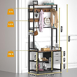 DDJ Hall Tree with Bench and Shoe Storage, Entryway Bench with Coat Rack with Shoe Storage, 7-in-1 Entryway Coat Rack with Hooks and Hanging Rod, 11.8 x 33.1 x 70.9 in, Rustic Brown and Black