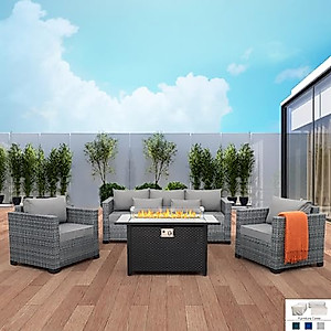 Outdoor Furniture Sets Patio Couch Outdoor Chairs 60000 BTU Propane Fire Pit 4 Pcs Patio Furniture Set 45In Fire Pit Table with No-Slip Cushions and Waterproof Covers, Grey