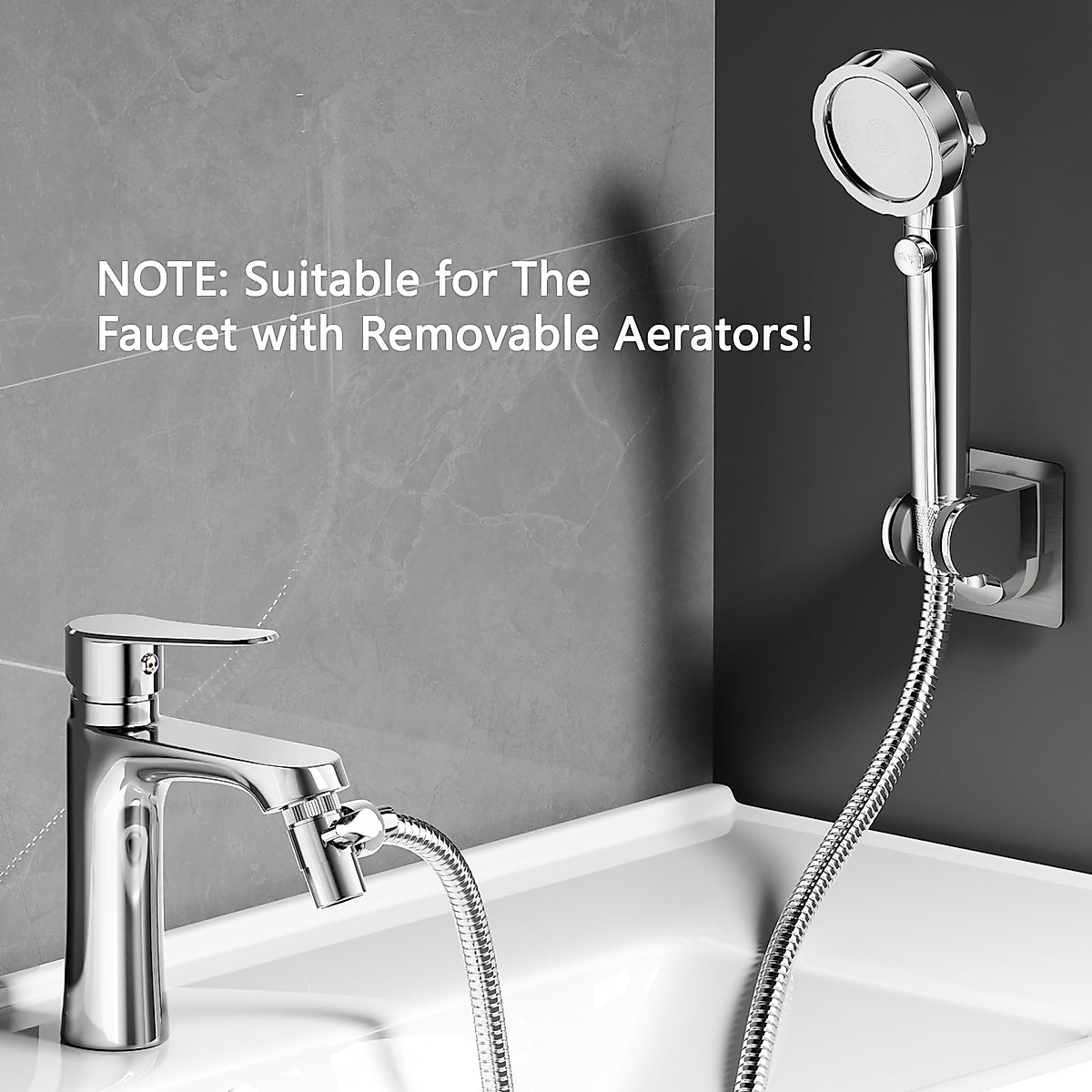 HEROBAI Sink Hose Sprayer Attachment for Faucet, 3 Mode Shower Head Attaches to Tub Faucet with 5 Adapters, High Pressure Shower Head for Bathtub, Handheld Showerhead with Filter (Chrome)