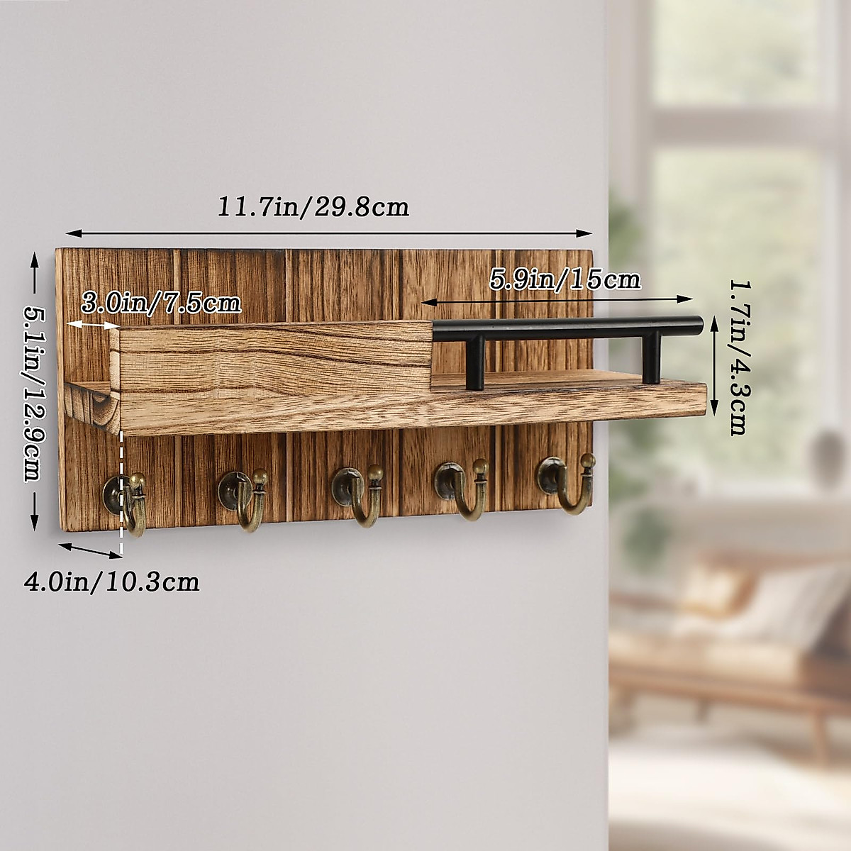 CypherX Key Holder Wall Mount, Decorative Key and Mail Holder for Wall w/Shelf, Farmhouse Wood Keys Organizer for Entryway Hallway Doorway- Home Wall Key Rack