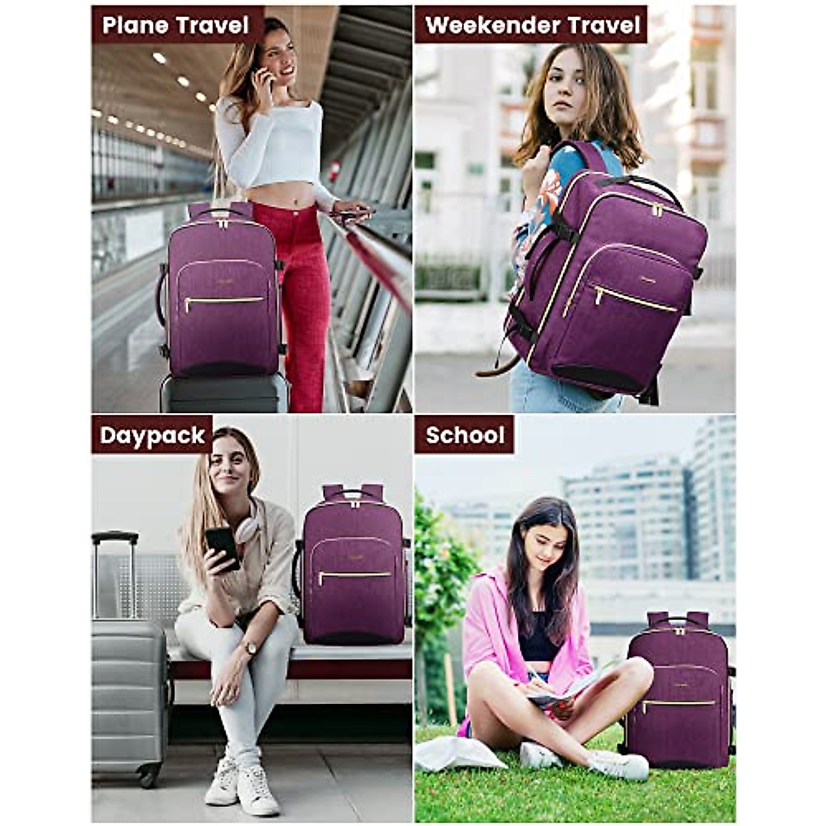 LOVEVOOK Large Travel Laptop Backpack Women, 40L Flight Approved Carry on Backpack Waterproof 17.3inch Luggage Daypack Business Weekender Overnight Backpacks Bag with 3 Packing Cubes, Purple
