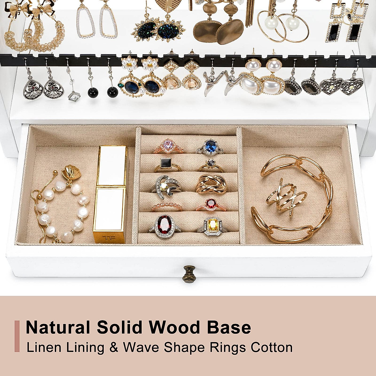 Pinzoveco Earring Organizer, 5 Layer Earring Holder Organizer with Necklace Holder Pole, Rustic Wood Jewelry Organizer Stand Display for Stud Earring Bracelet Necklace Ring, 175 Earring Holes