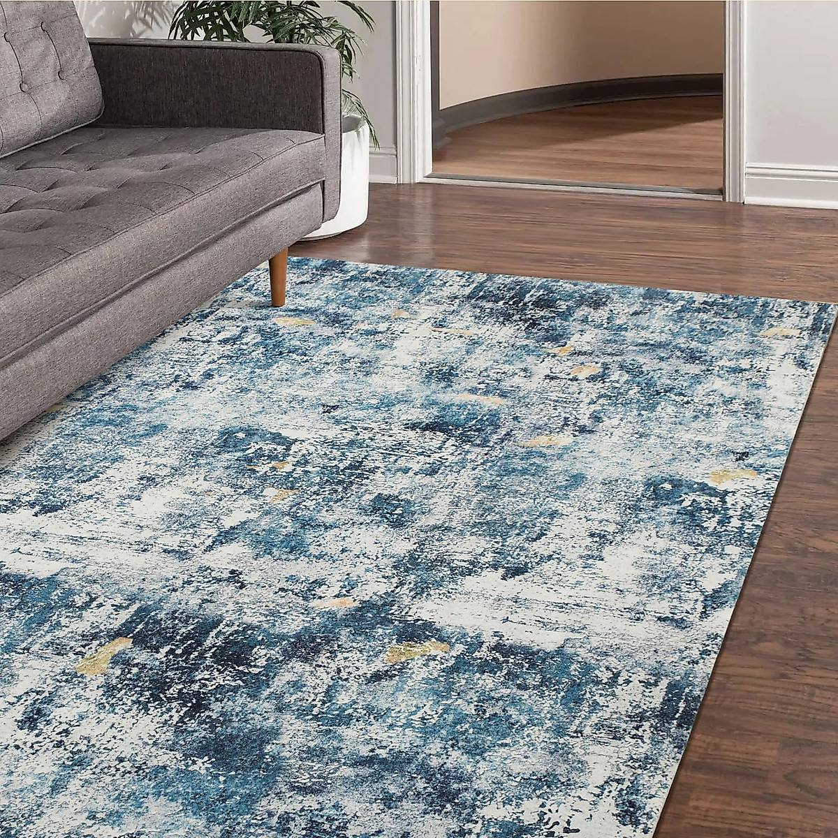 nusoarug 5x7 Modern Thick Pile Area Rug Machine Washable, 5' x 7' Carpet Abstract Non-Slip Area Rugs with Rubber Backing for Bedroom Kitchen Entryway Living Room Bathroom, Blue Rug
