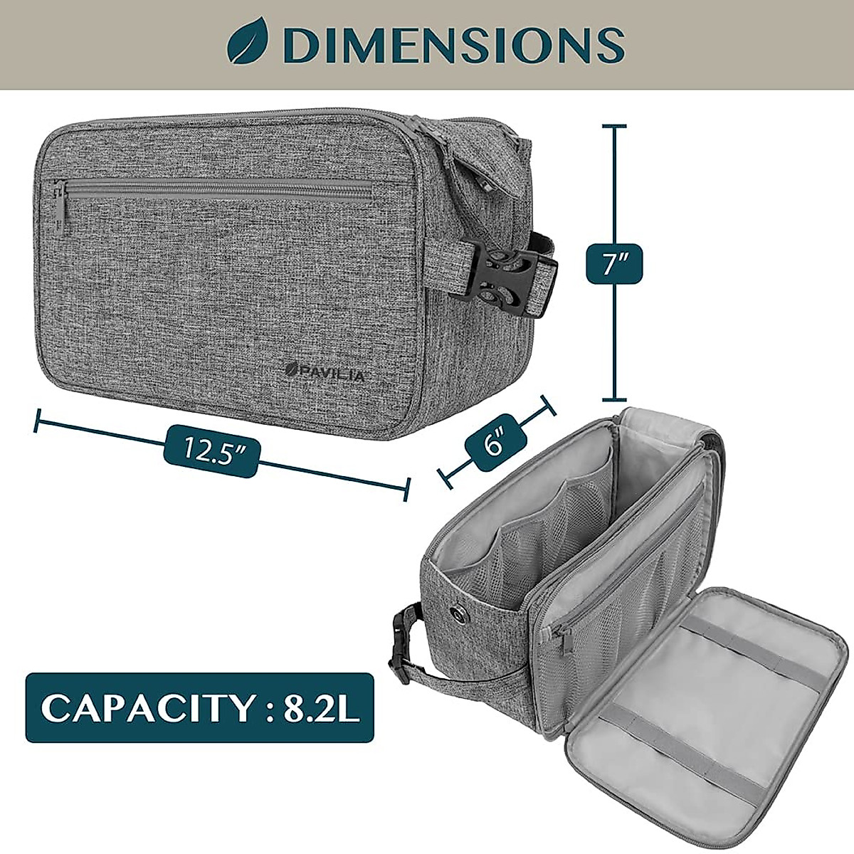 PAVILIA Toiletry Bag for Men, Travel Essentials Shaving Dopp Kit, Mens Travel Bag Toiletries Organizer Case for Grooming, PU Leather Water Resistant Cosmetic Bag Pouch (XL, Heather Grey)