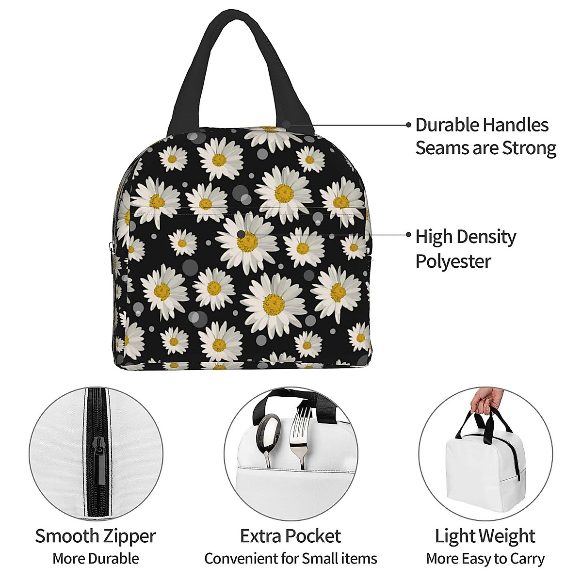 XIAOGUAISHOU White Daisy Flowers lunch Bag Insulated Cooler Tote Bags Box Reusable Meal Container for Women Office Picnic Work Beach One Size