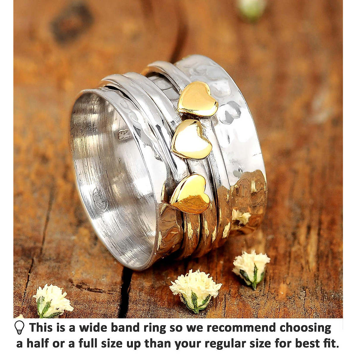 Boho-Magic Spinner Ring for Women 925 Sterling Silver with Brass Hearts and Fidget Bands (8)