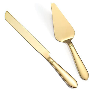 Cake Cutting Set for Wedding, Elegant Cake Knife and Server Set with Thickened Stainless Steel and Rounded Edges, Cake Cutter and Pie Spatula for Birthday Anniversary Christmas Gift Set of 2, Gold