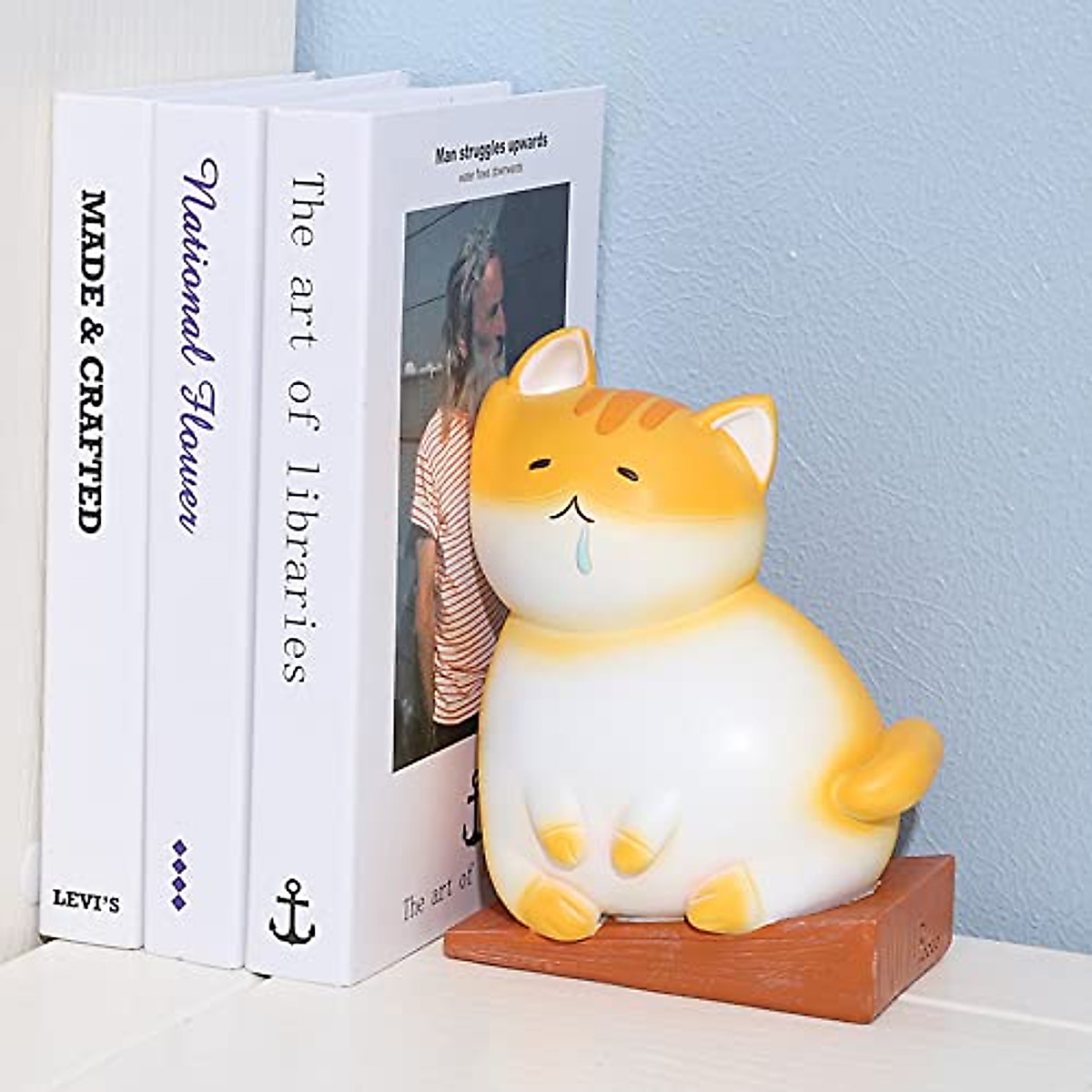 HyJeryty Cat Bookends for Kids, Lovely Resin Cartoon Cat Bookends Door Stopper, Cool Bookends for Heavy Books, Unique Book Holders with Anti-Slip Base (Big Orange)